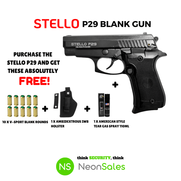 STELLO P29 BLANK GUN +10 BLANKS +HOLSTER + TEARGAS | NeonSales