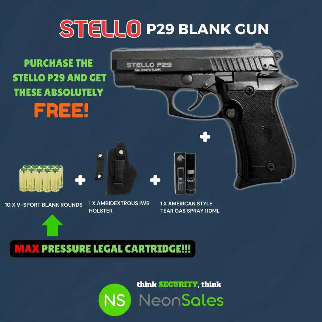 STELLO P29 BLANK GUN +10 BLANKS +HOLSTER + TEARGAS – NeonSales